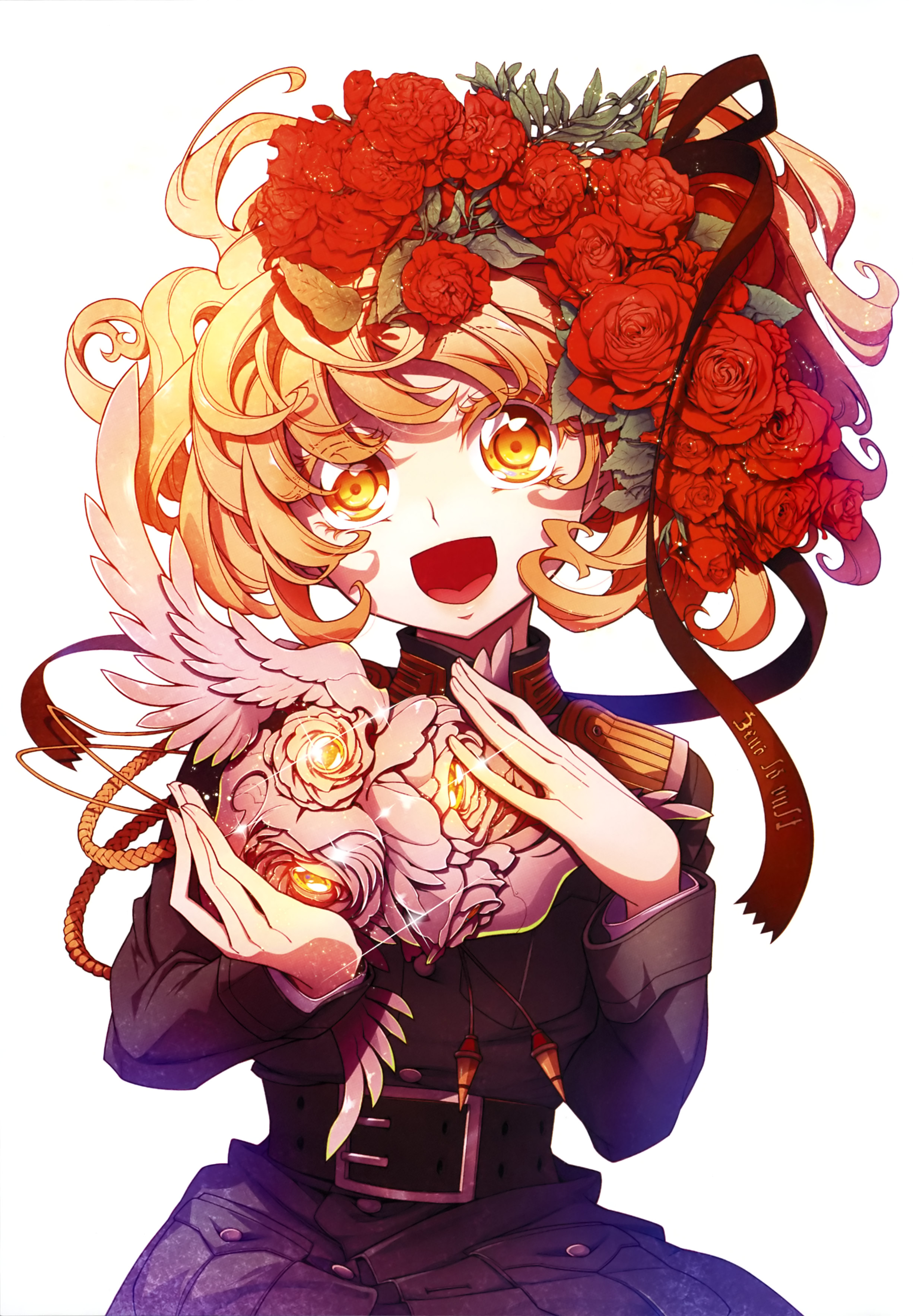 Safebooru - 1girl :d absurdres black jacket blonde hair buckle floating hair flower hair flower ...
